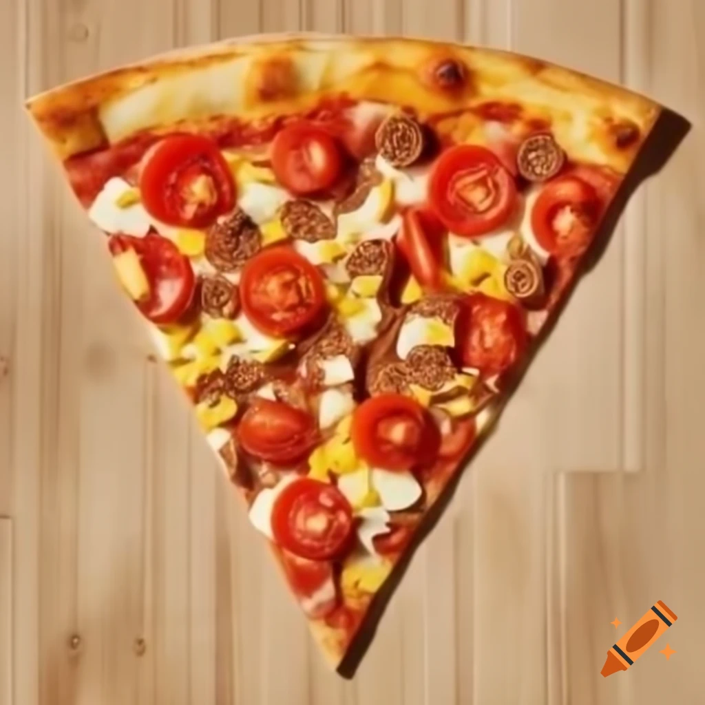 Triangular pizza slice topped with sausage, corn, tomato, and ...