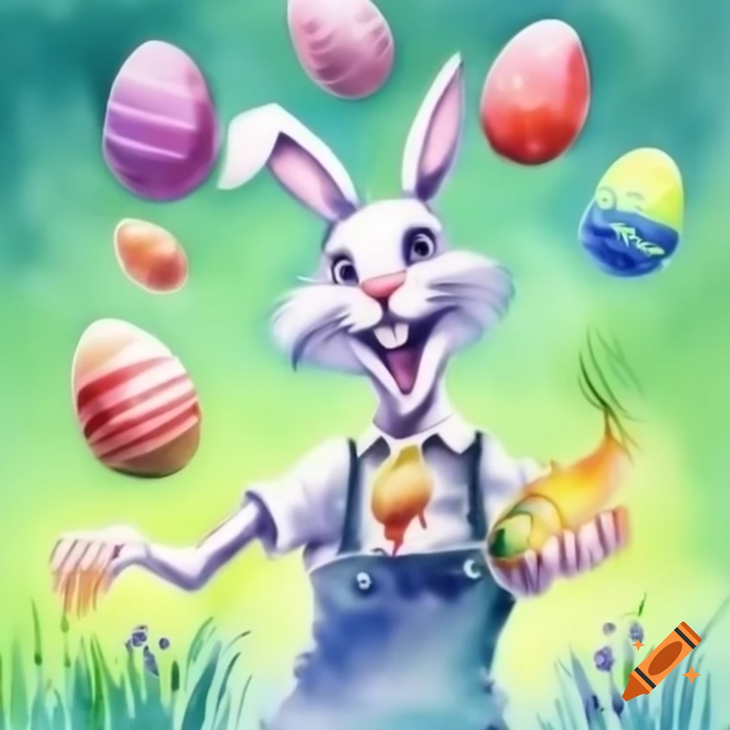 Pop art watercolor of a punk rock Easter bunny juggling eggs on Craiyon