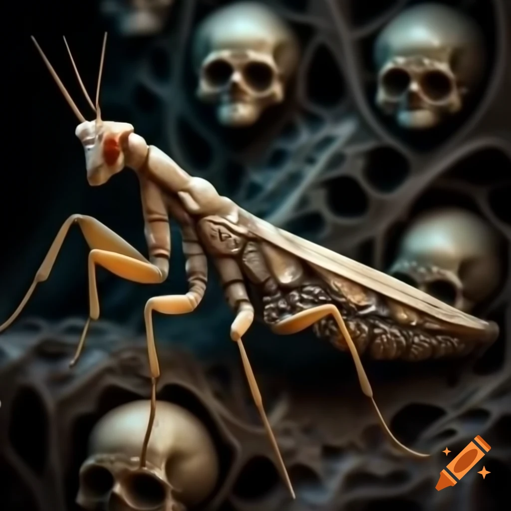Intricate mantis fractal with fly trap mandibles emerging from skulls on Craiyon