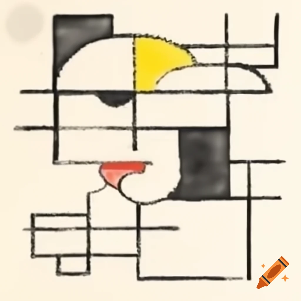 Abstract line drawing of a face in Mondrian style with charcoal and ...