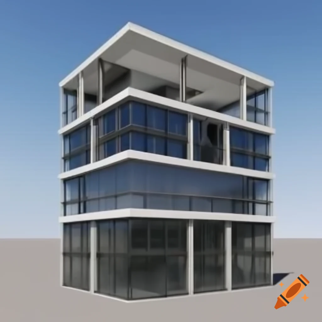 3D model of a four-story building with glass and exposed concrete ...
