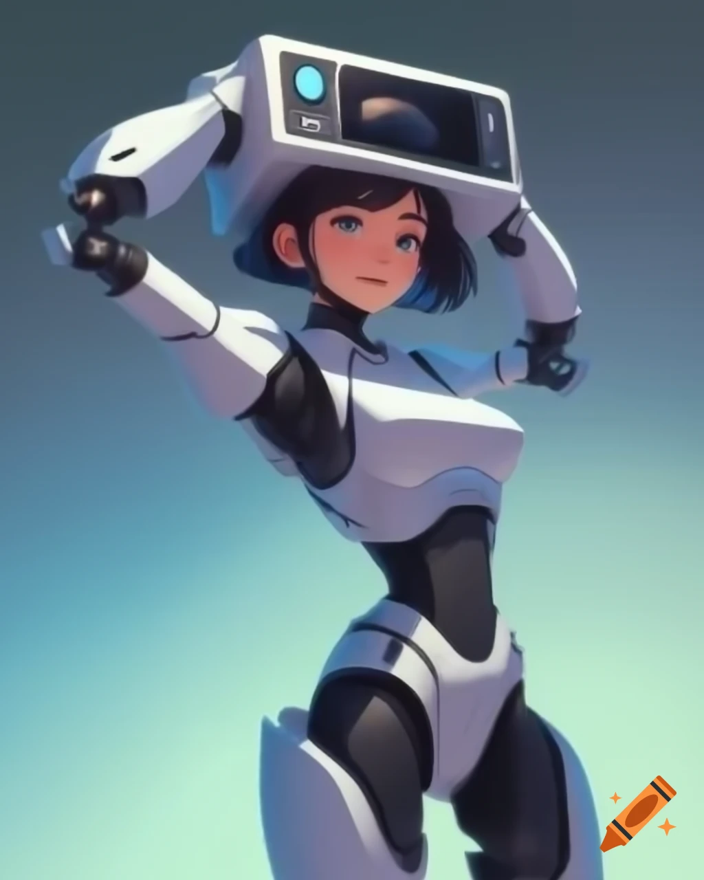 Cheerful cyborg woman with a microwave head in anime style on Craiyon