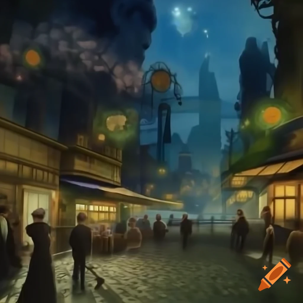 Dreamy solarpunk-steampunk cityscape in impressionist oil textures on ...