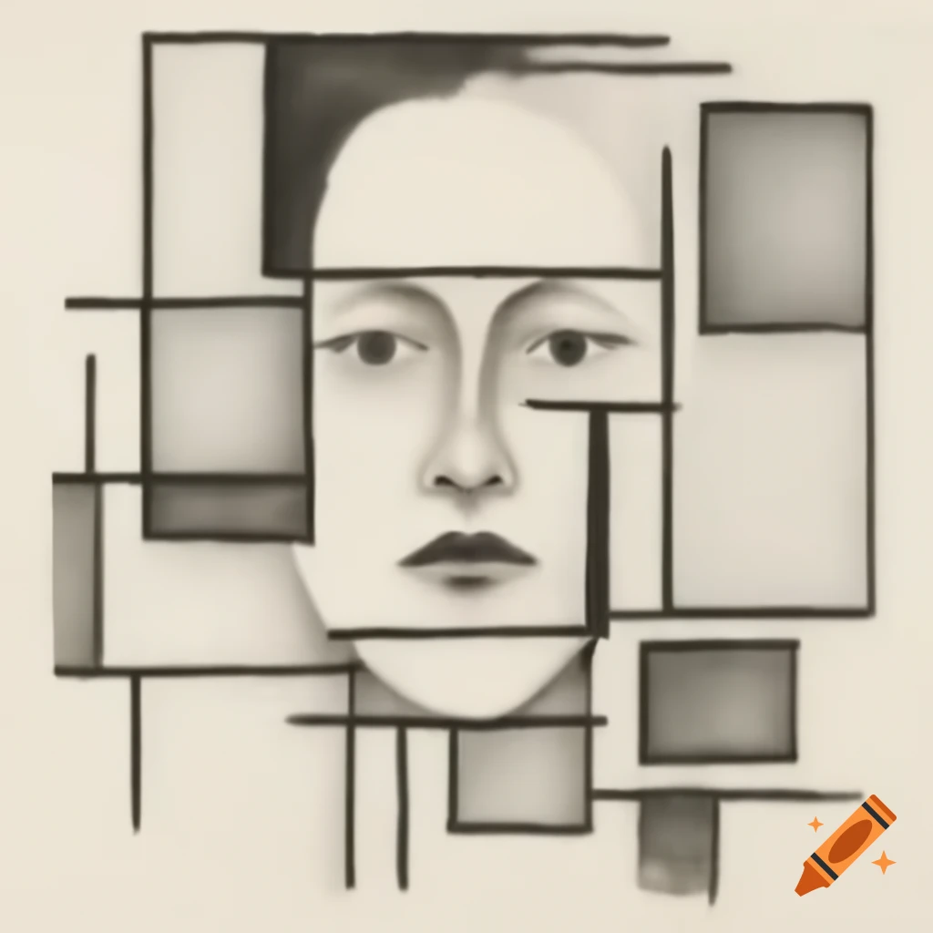 Abstract line drawing of face in Mondrian style with charcoal and ...