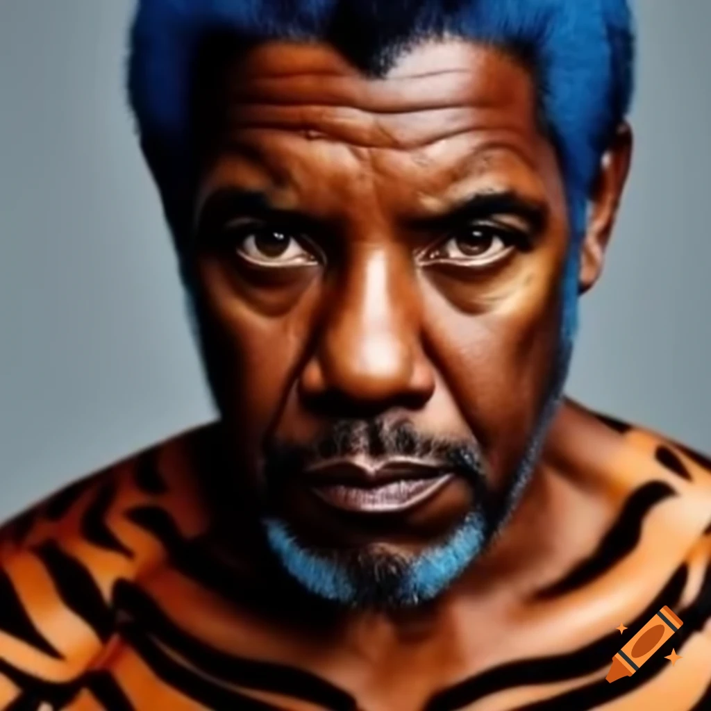 Muscular person with tiger-style makeup featuring blue hair and orange ...