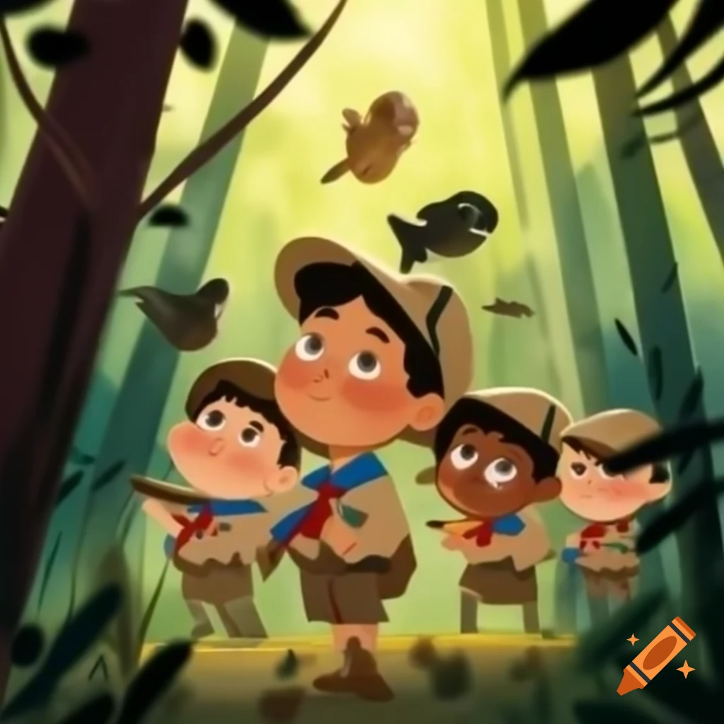 Group of boy scouts observing birds in forest with a grandpa scout on ...