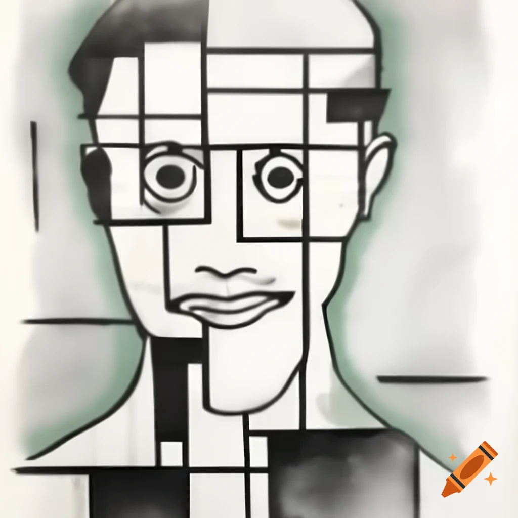 Abstract drawing of a silly face in mixed media with geometric shapes ...