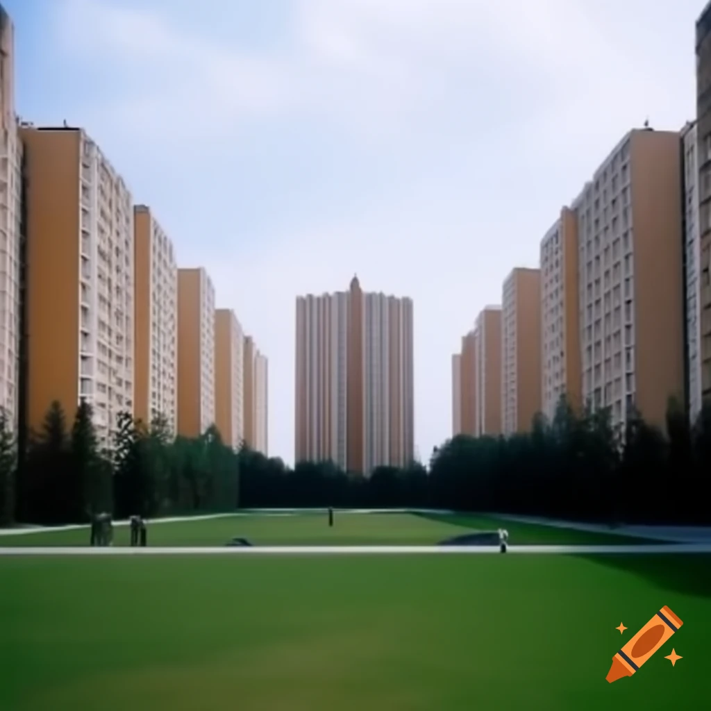 Soviet Union style 5-story condo community beside a park on Craiyon