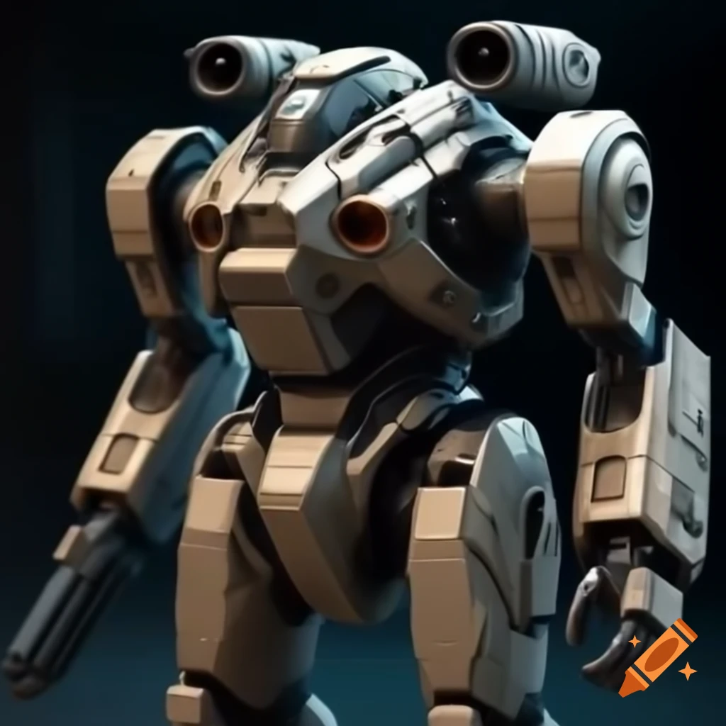 Futuristic mech with stainless steel armor and plasma blasters on Craiyon