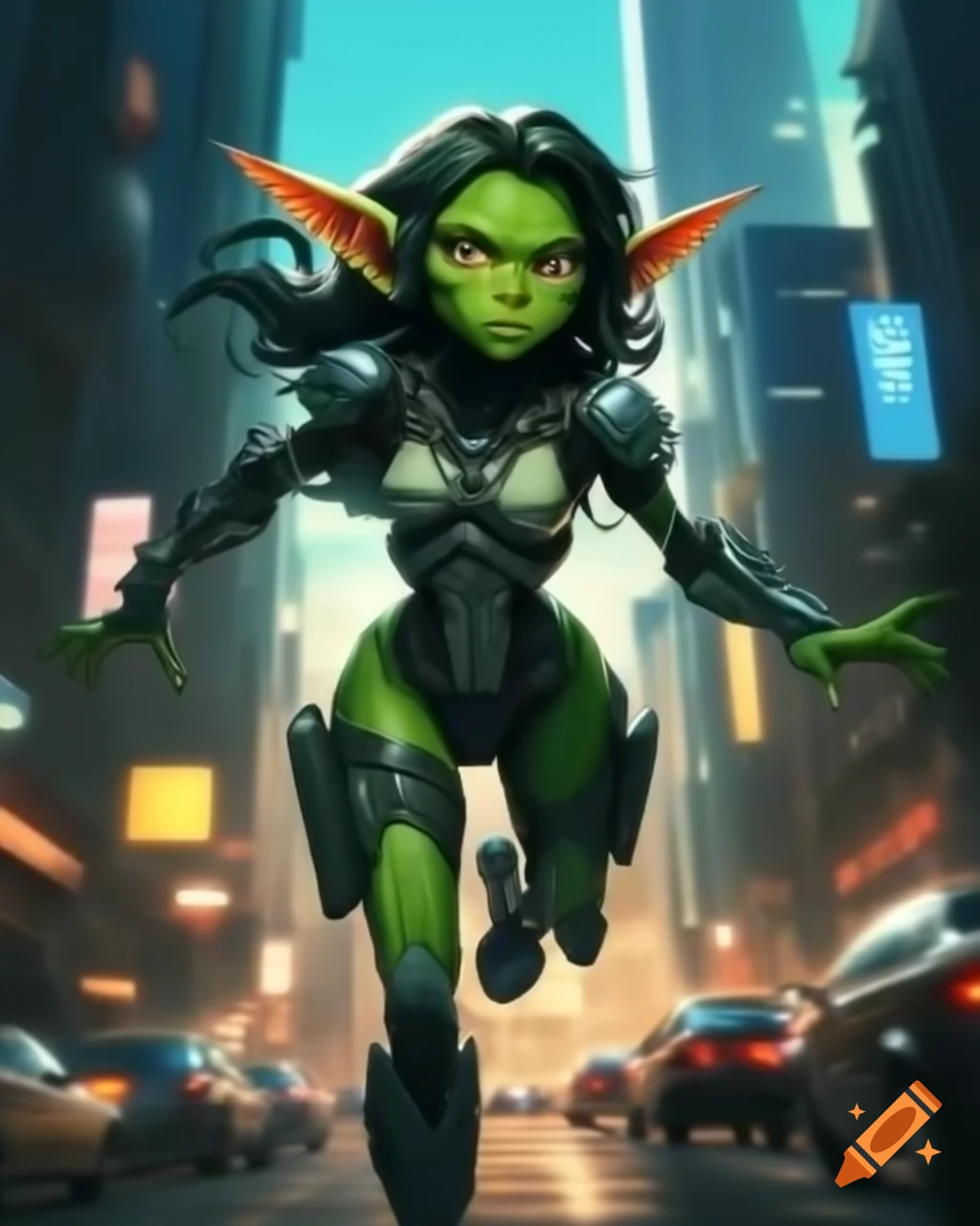 Energetic green-skinned goblin girl cyborg running in futuristic city ...