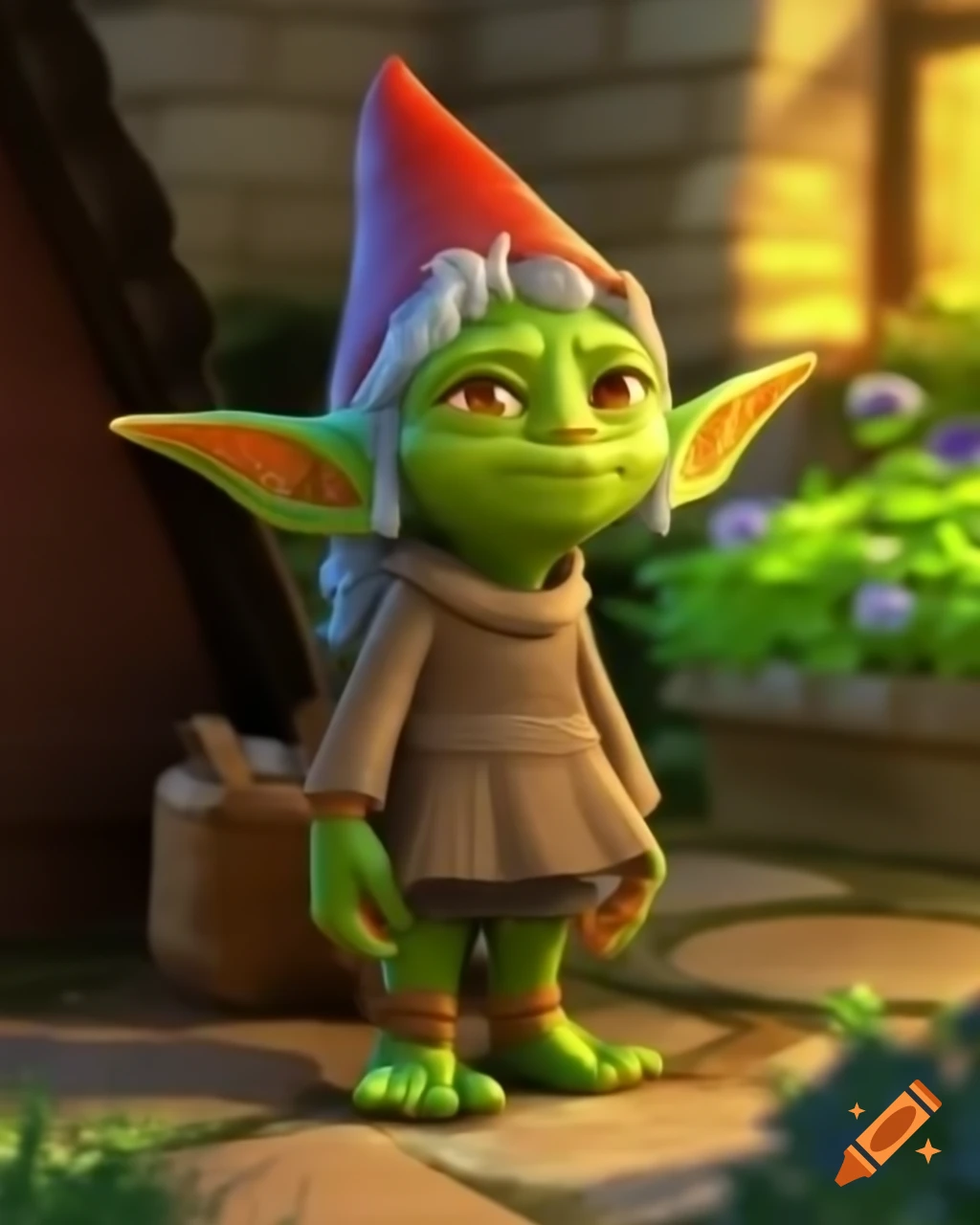 Green-skinned goblin girl interacting with garden gnome in anime style ...