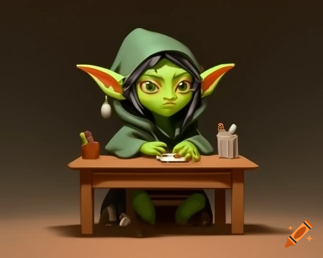 Anime miniature green-skinned goblin girl sitting on desk on Craiyon