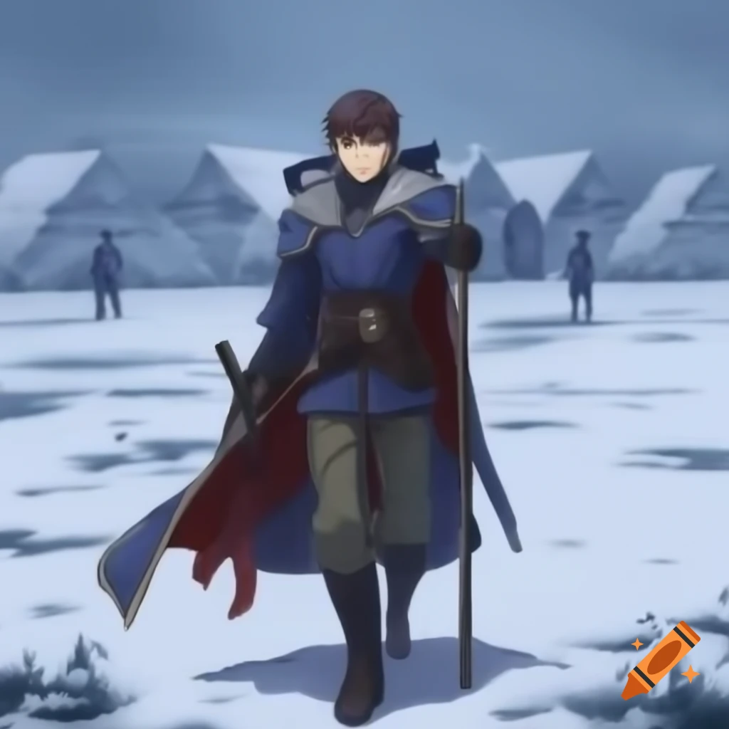 Dimitri from Fire Emblem Three Houses with lance in snowy field with ...