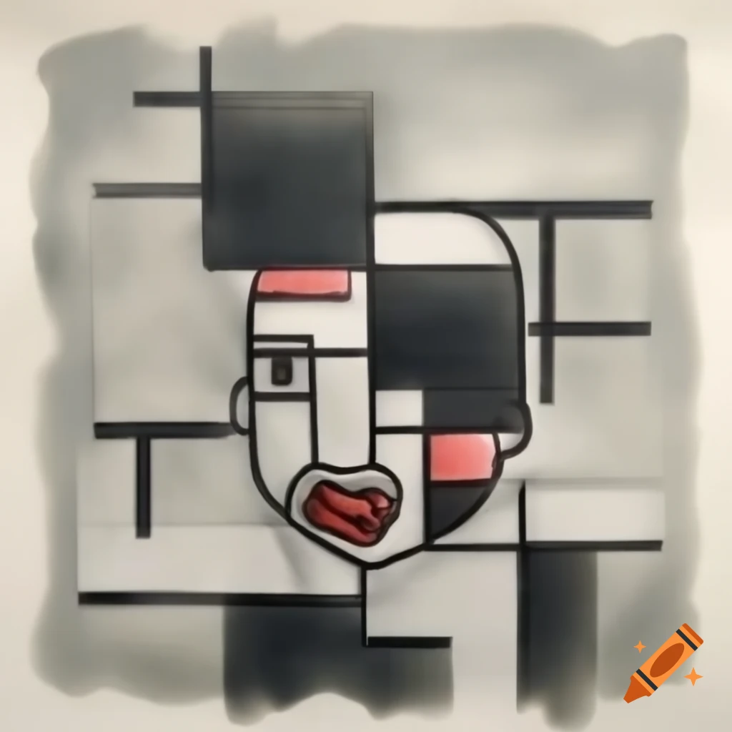Abstract drawing of a silly face in mixed media with geometric shapes ...