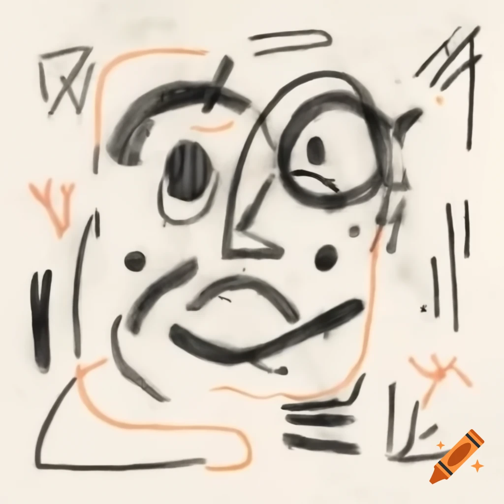 Abstract line drawing of a silly face with mixed media textures and ...