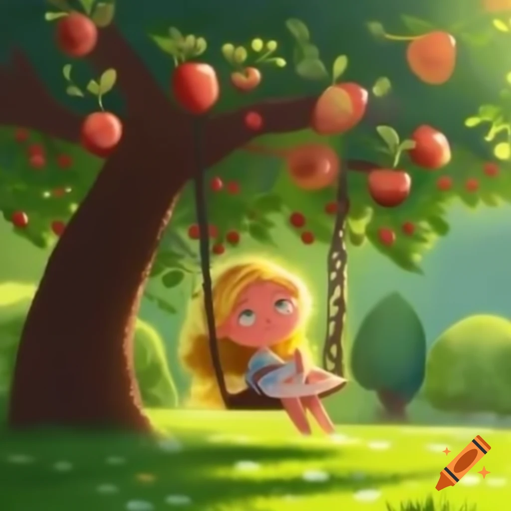 Girl swinging under apple tree in realistic garden setting on Craiyon
