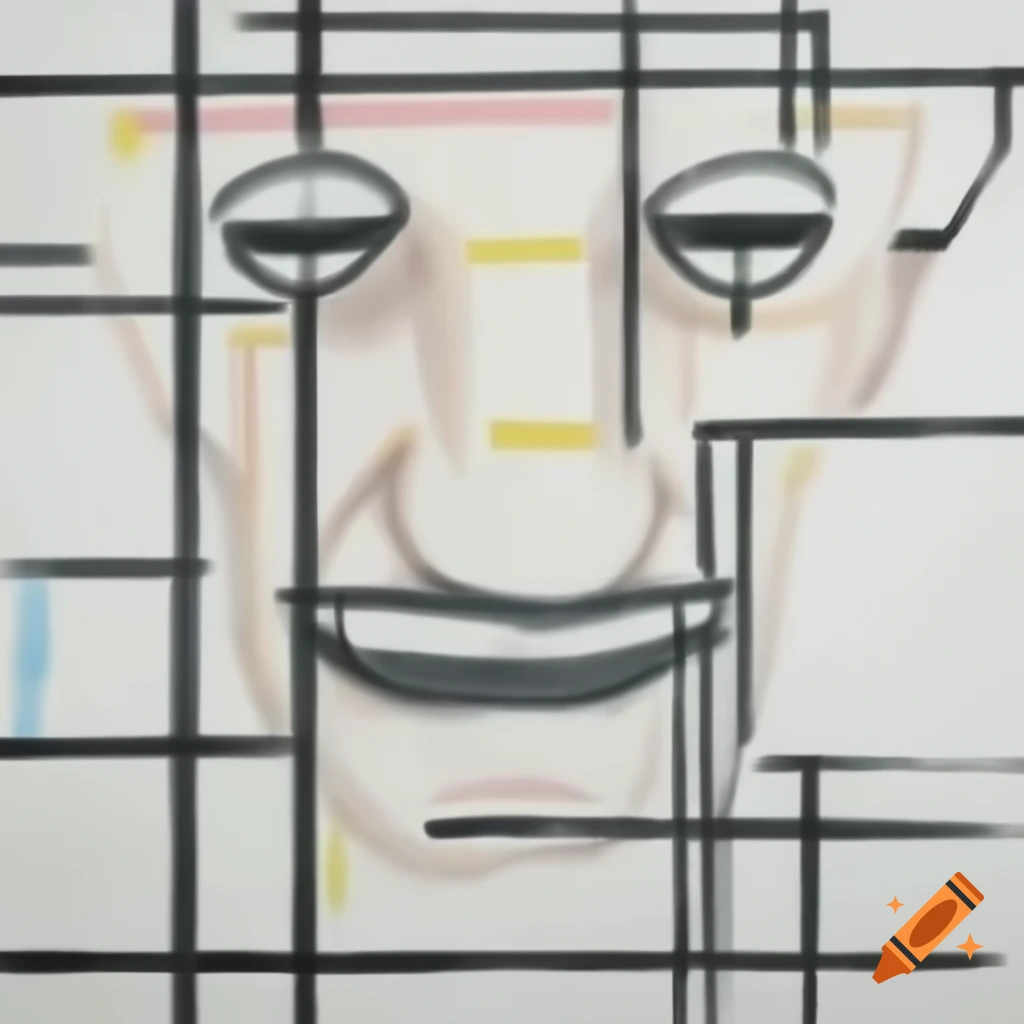 Abstract line drawing of a silly face in half matrix half Mondrian ...