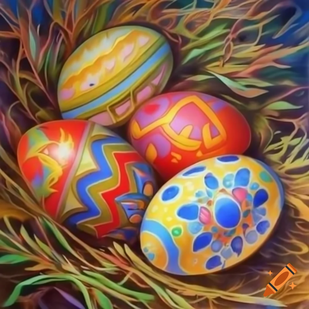 Stunning Easter oil painting featuring hares and colorful painted eggs ...