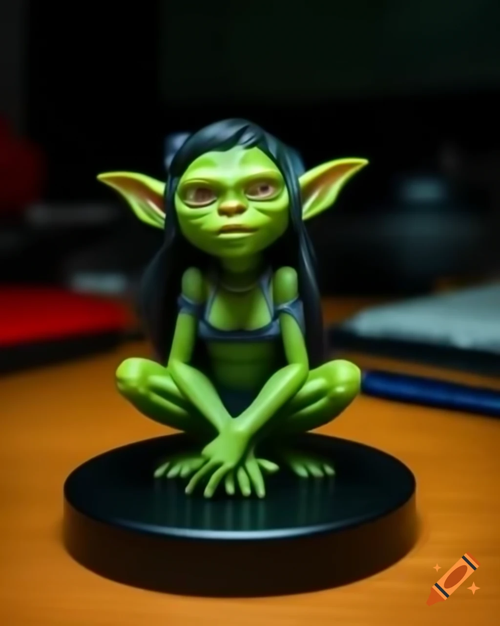 Miniature green-skinned goblin girl sitting on desk in anime style on ...
