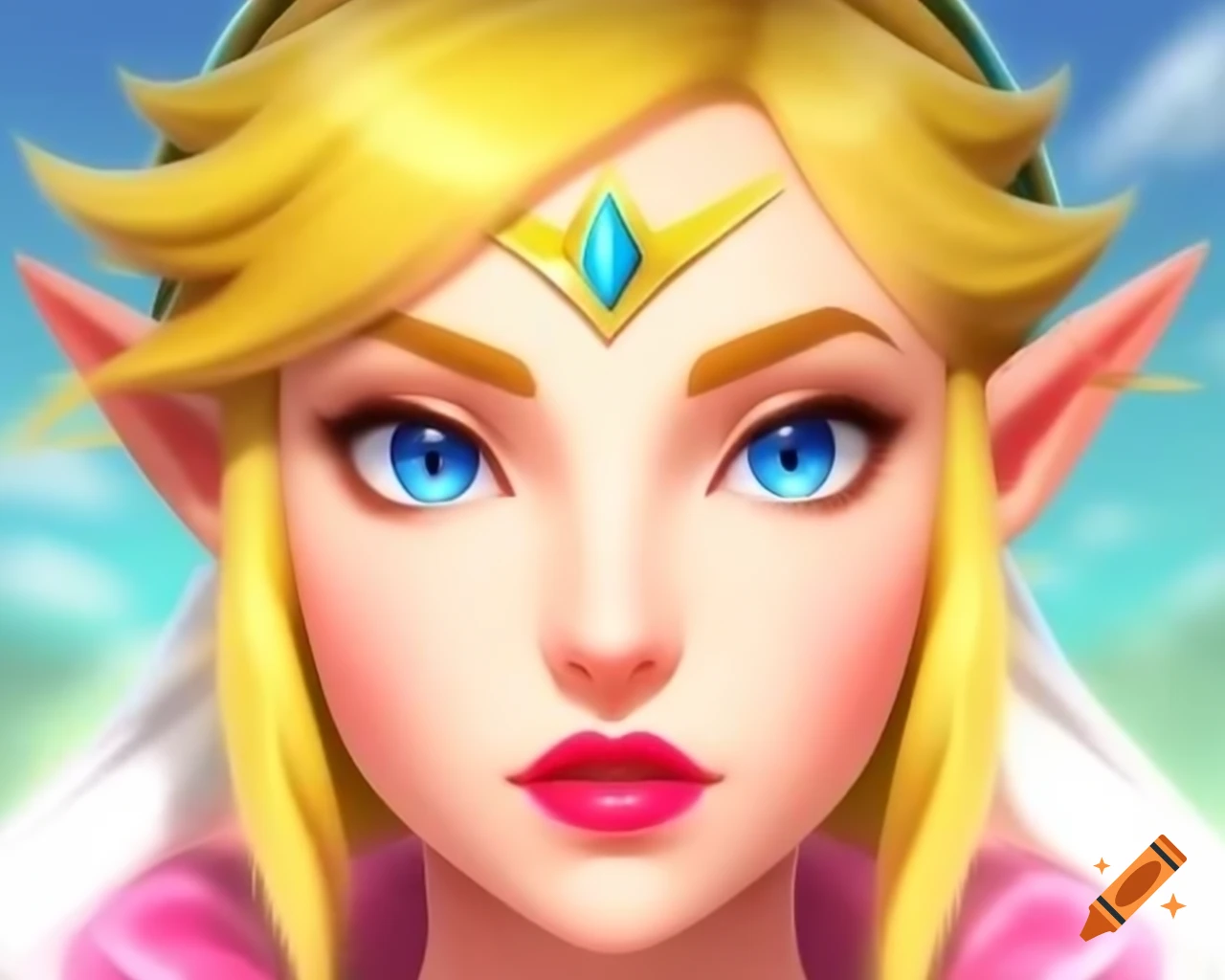 Link from The Legend of Zelda with vivid lipstick and crown, waist-up ...