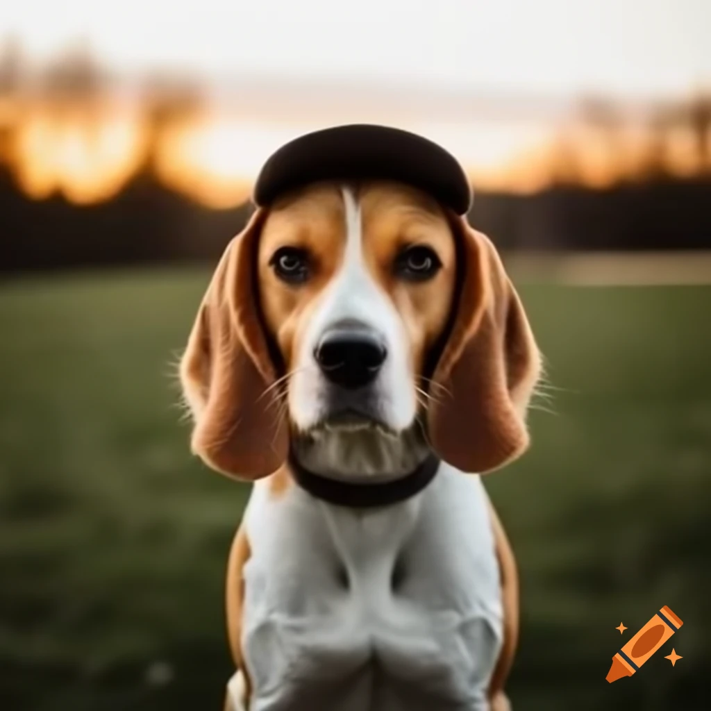 Confident beagle with scars and tattoos, wearing a cap in natural setting on Craiyon