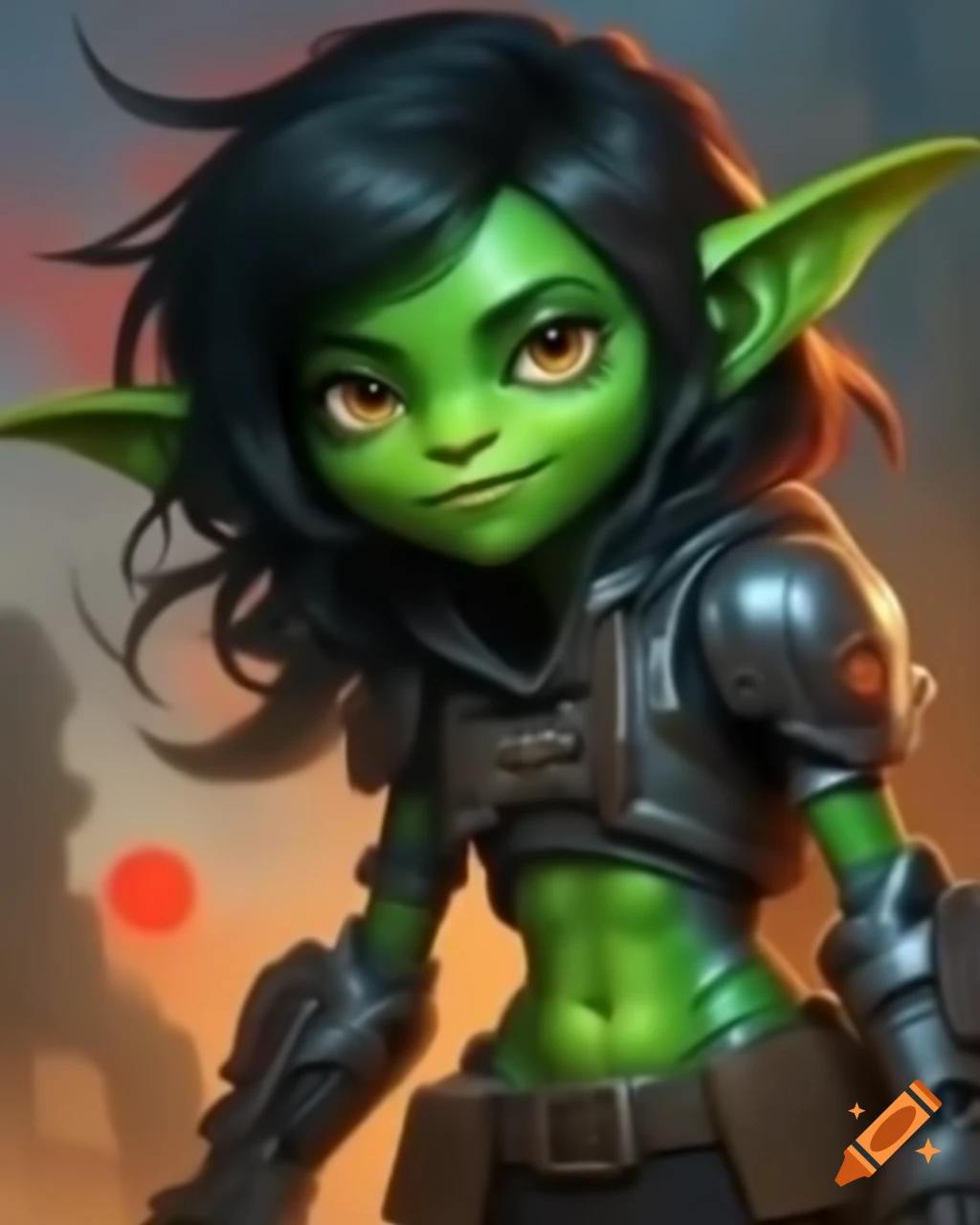 Energetic green-skinned goblin girl cyborg in anime style on Craiyon