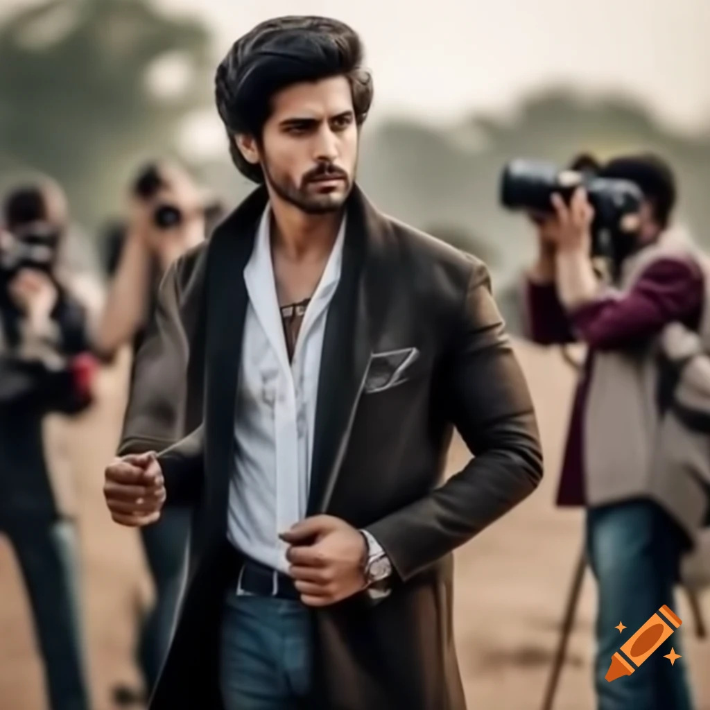 Young Indian actor in stylish clothes at shooting location with cameras ...