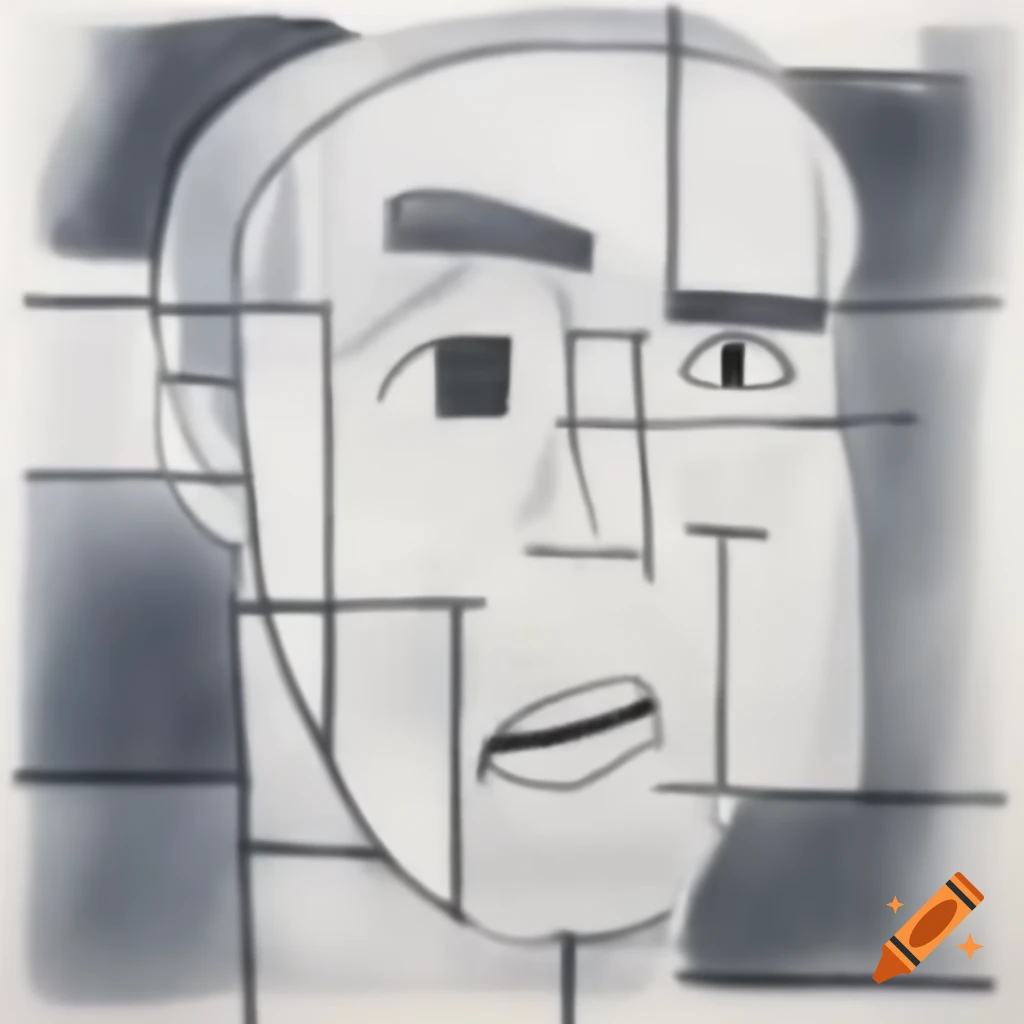 Abstract drawing of a silly face in mixed media with geometric shapes ...