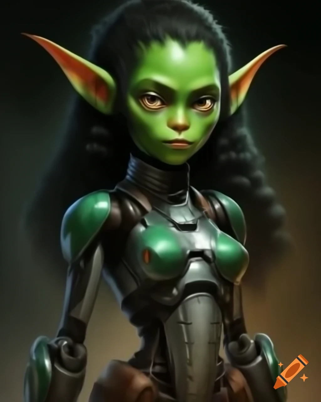 Energetic green-skinned goblin girl cyborg in anime style on Craiyon