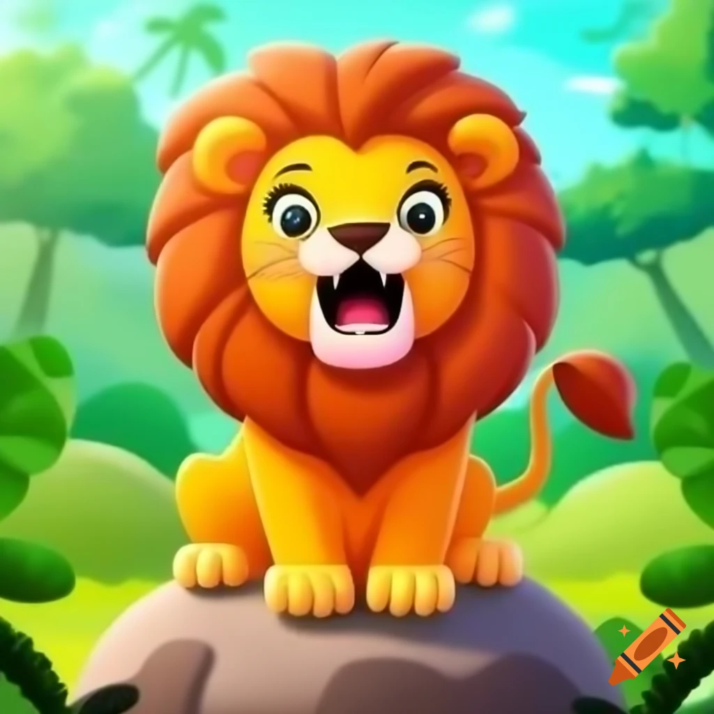 Cartoon lion with fluffy mane roaring playfully on rock in sunny jungle ...