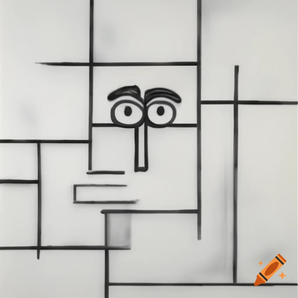 Abstract drawing of a silly face in mixed media with geometric shapes ...