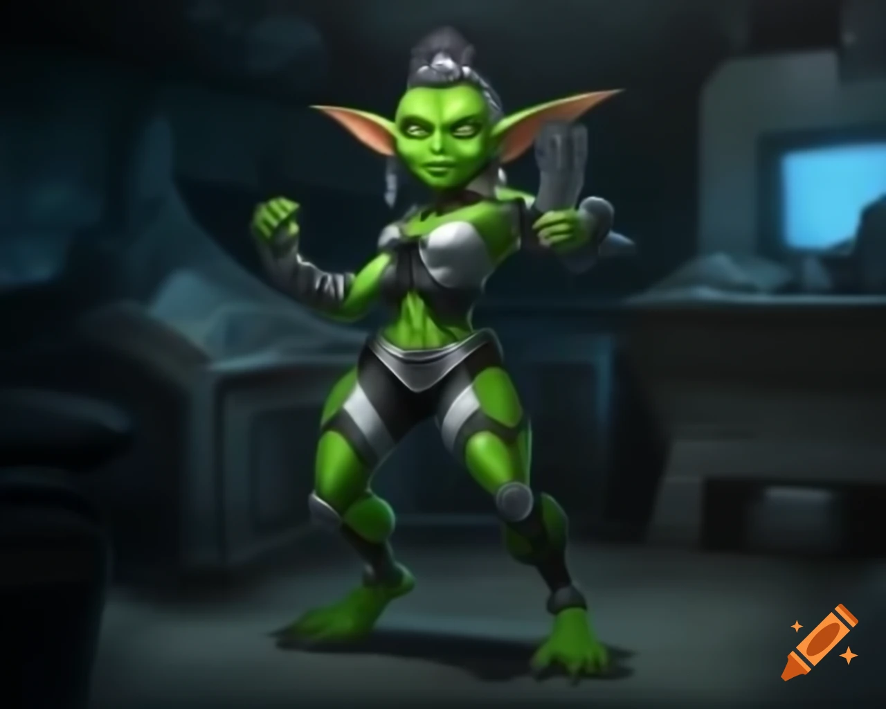 Energetic green-skinned goblin girl cyborg in futuristic workshop ...