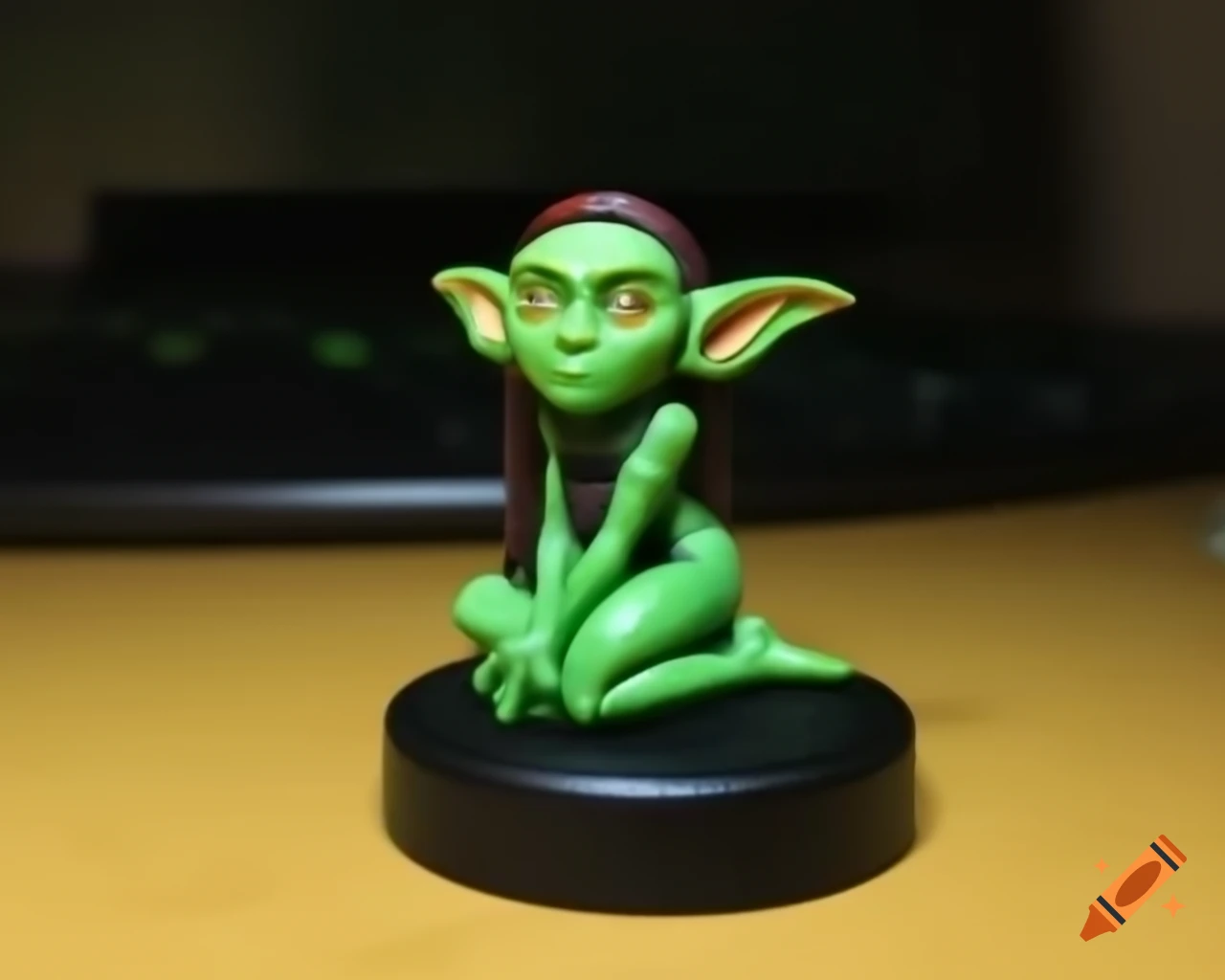 Anime-style miniature green-skinned goblin girl on desk on Craiyon