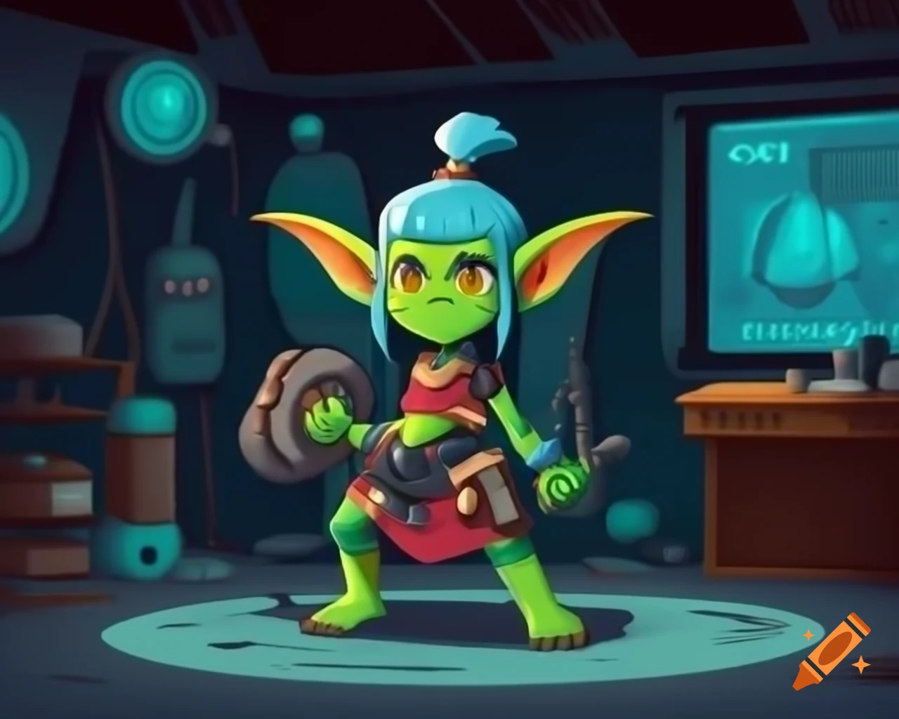 Energetic green-skinned goblin girl cyborg in futuristic workshop ...