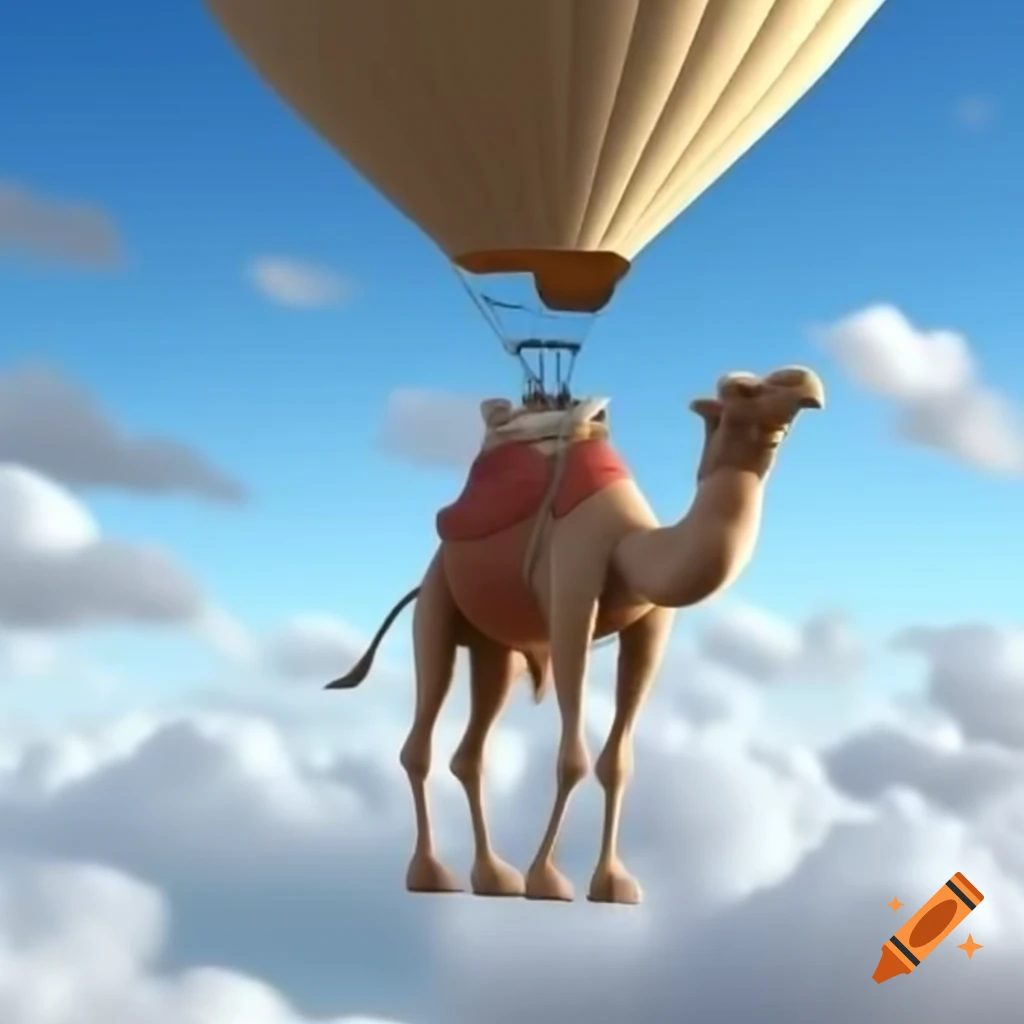 Surreal camel hot air balloon flying in the sky, ray tracing on Craiyon