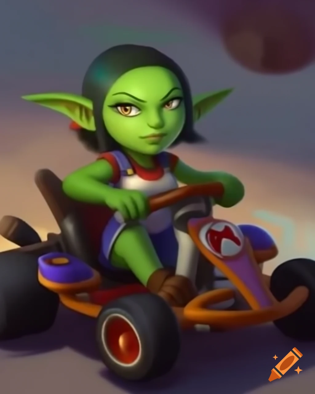 Green-skinned goblin girl racing in Mario Kart style on Craiyon