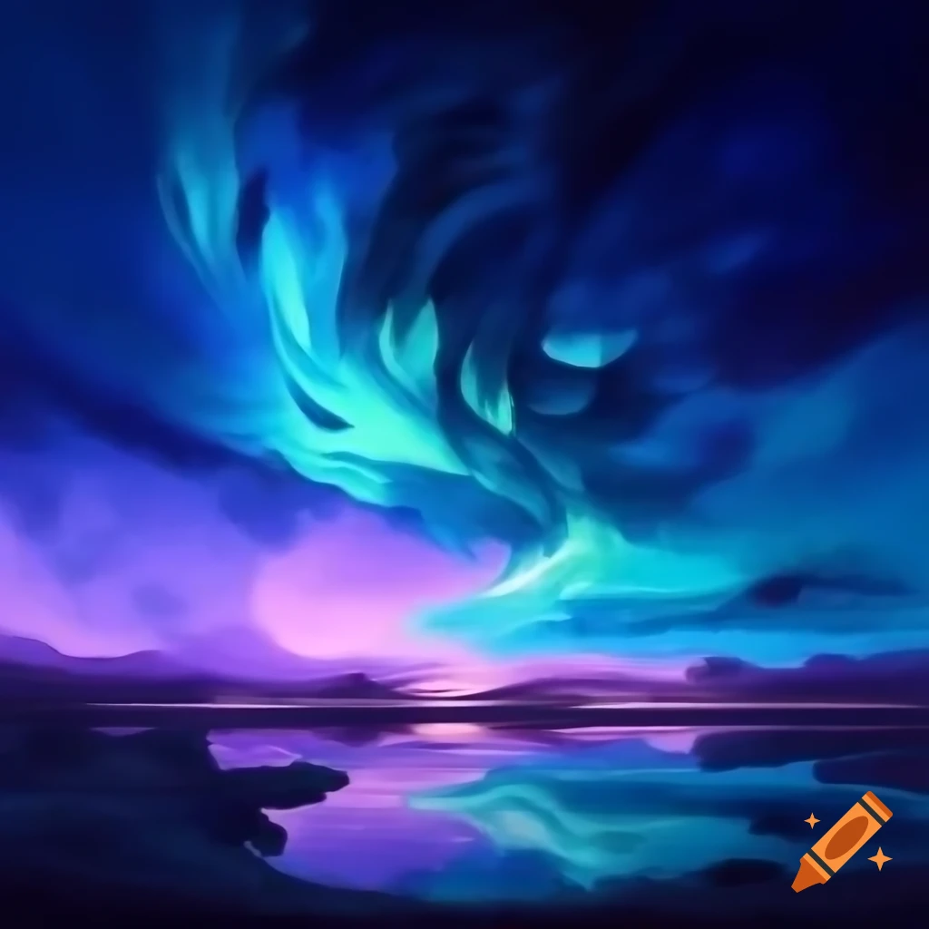Surreal oil painting of blue and purple aurora borealis in dreamlike ...
