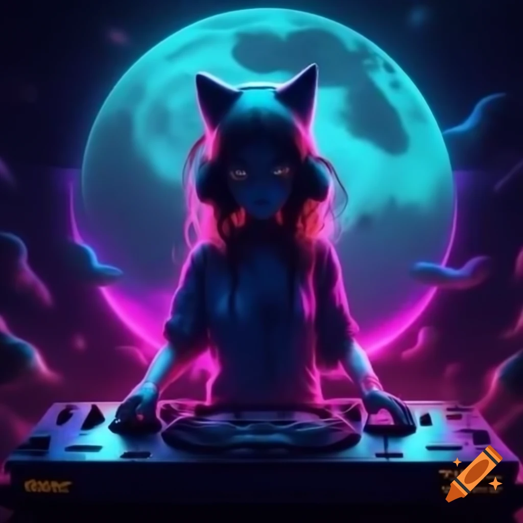 Neon silhouette of DJ girl with wolf ears against full moon and ...