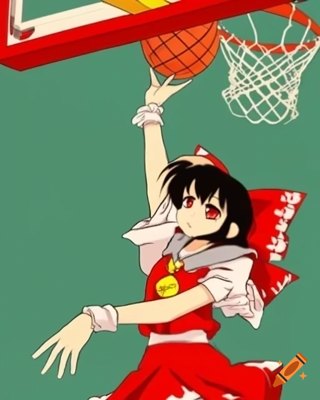 Anime character Reimu Hakurei dunking a basketball in a vibrant scene ...