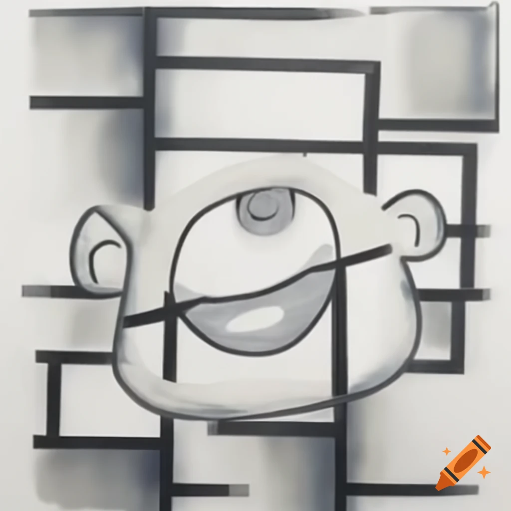 Abstract drawing of a silly face in mixed media with geometric shapes ...