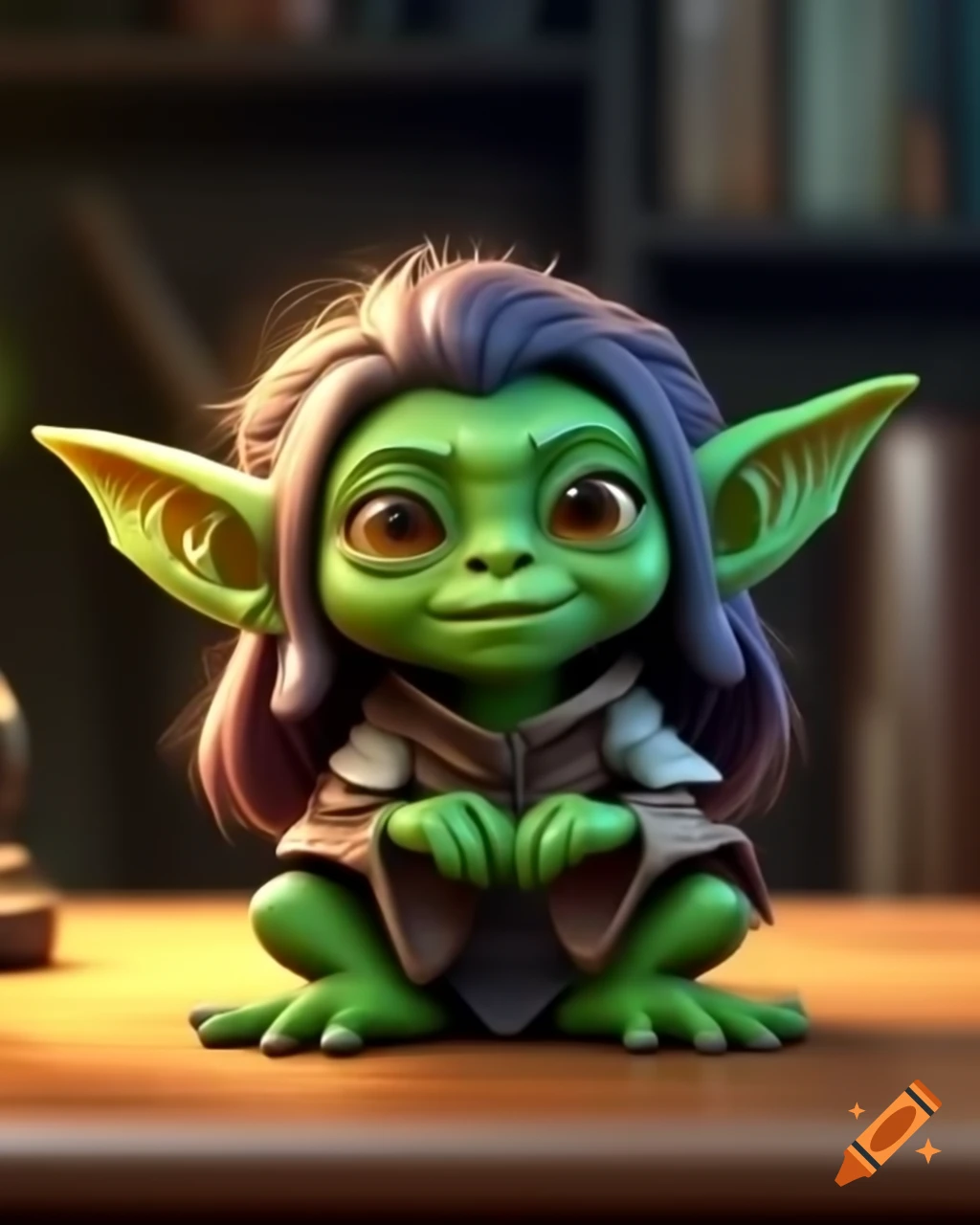 Anime-style green-skinned goblin girl sitting on a desk on Craiyon