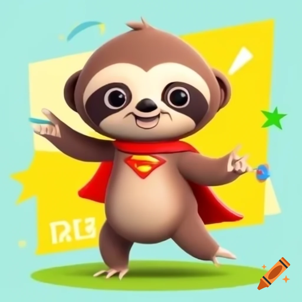 Cartoon sloth in superhero cape standing proudly in colorful comic ...