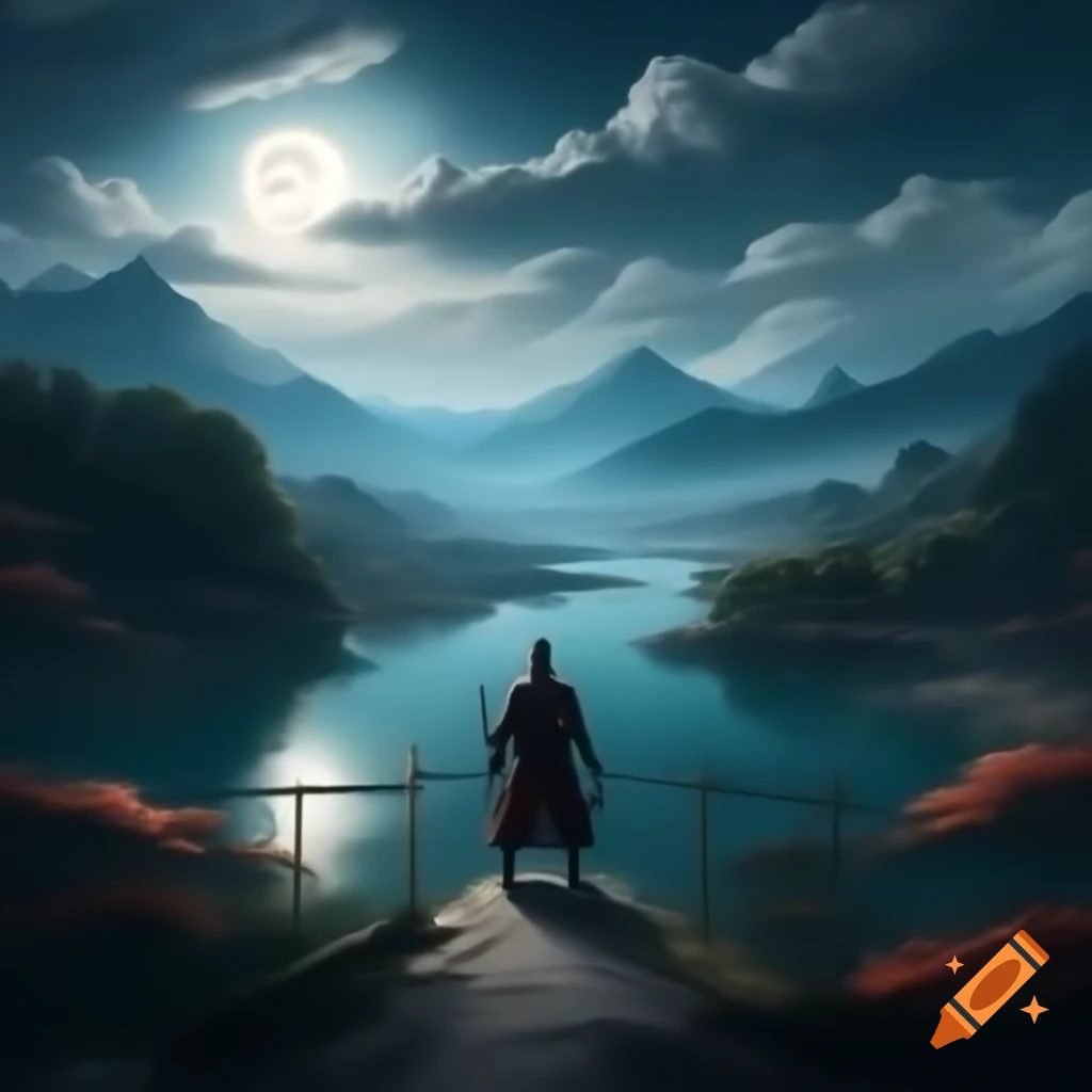 Samurai and Asian princess on bridge overlooking moonlit lake in valley ...