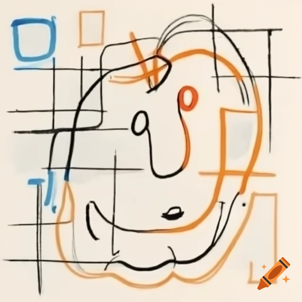 Abstract line drawing of a laughing face with geometric curves and ...