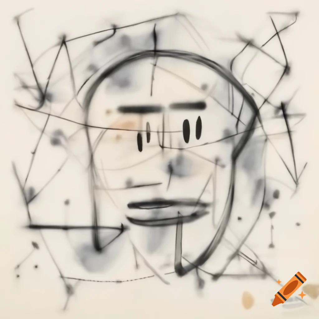 Abstract line drawing of a silly face with charcoal and geometric ...