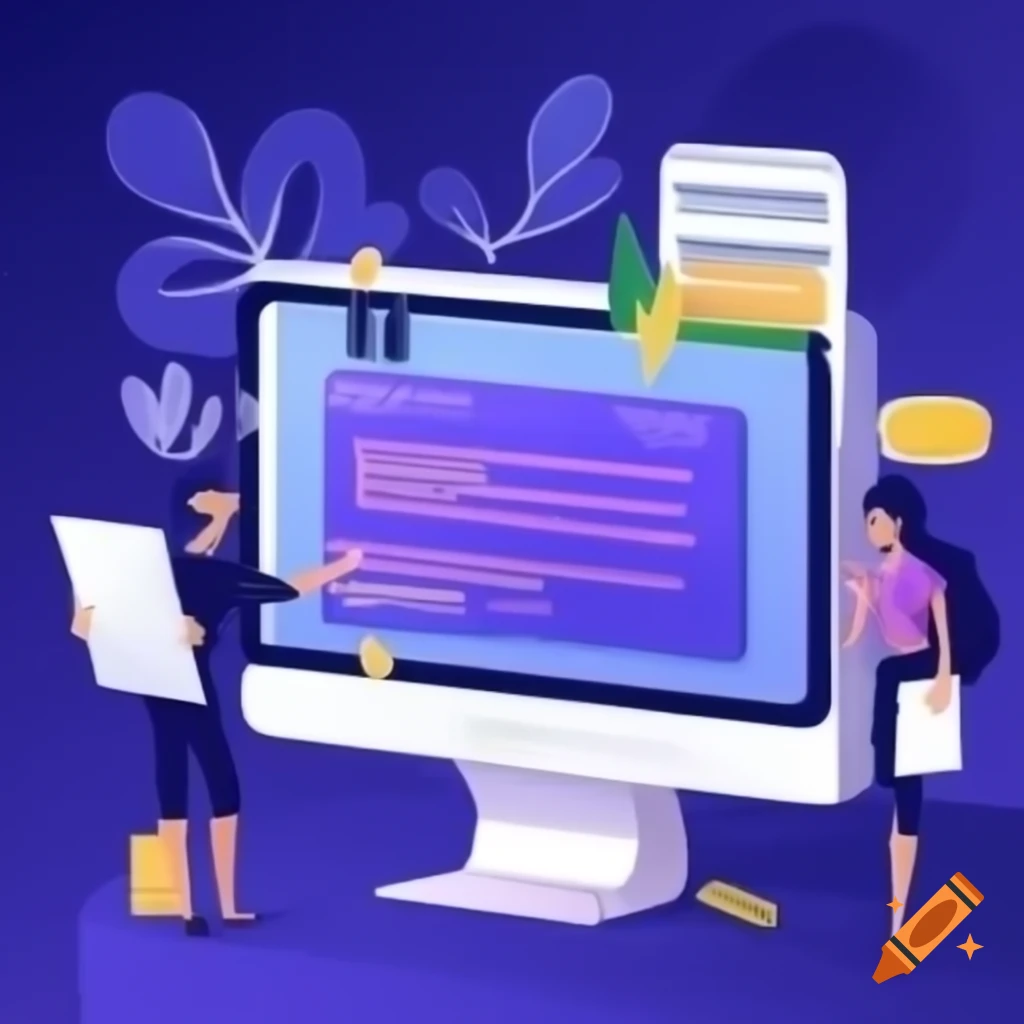 Illustration of coding interaction with a computer generating an application on Craiyon