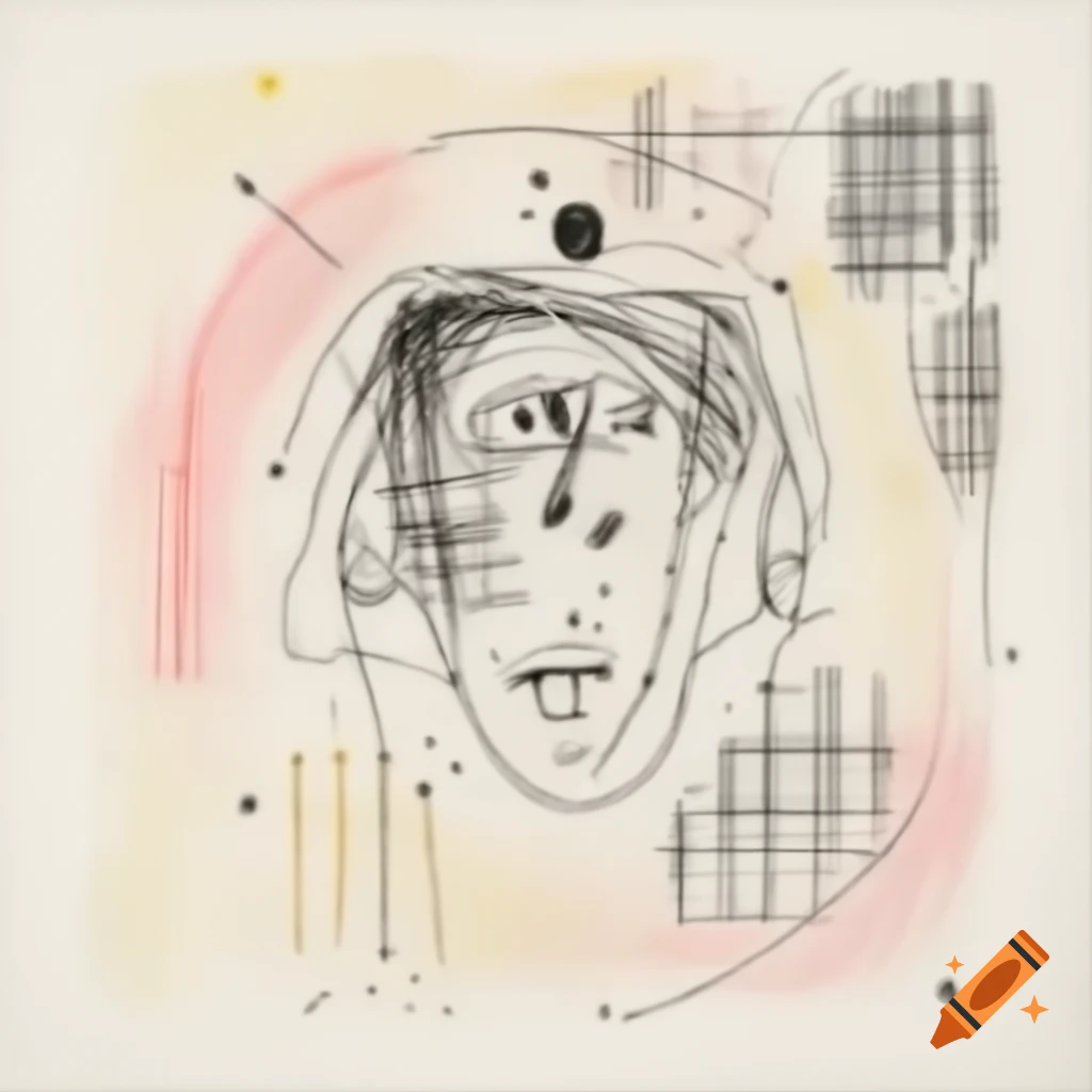 Abstract line drawing of a silly face with mixed media textures and ...