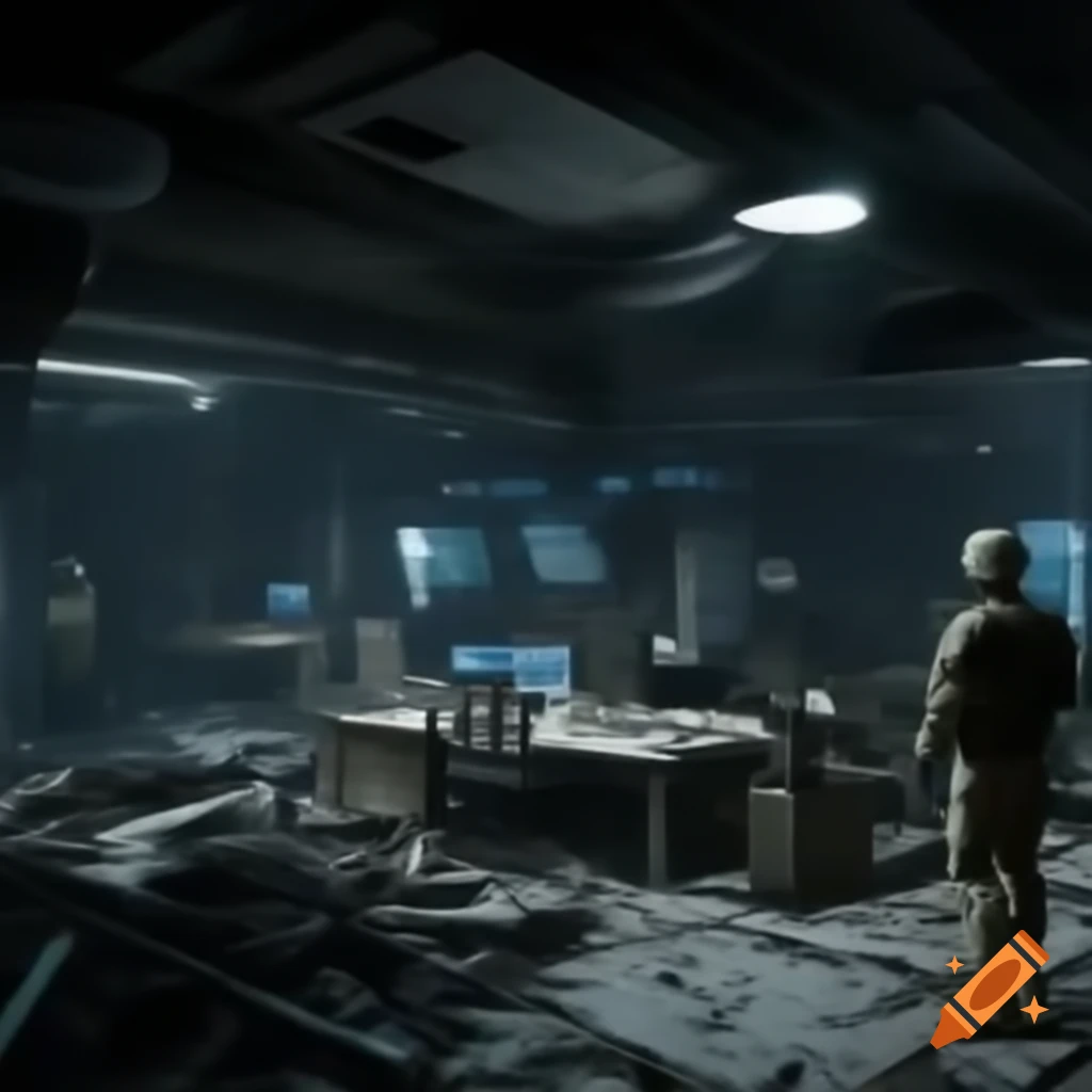 High-tech underground office in ruins with soldiers in point of view on ...
