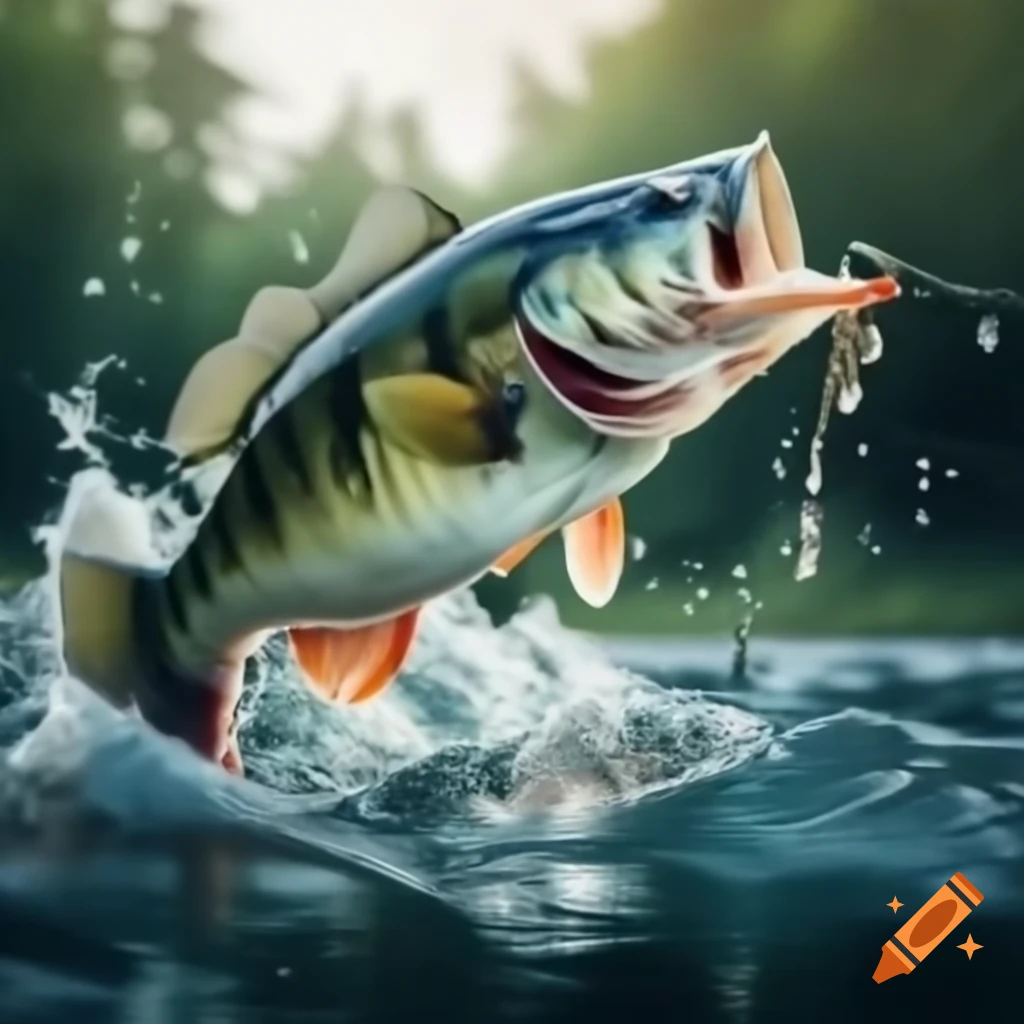 Largemouth bass leaping from lake with fishing lure and water droplets ...