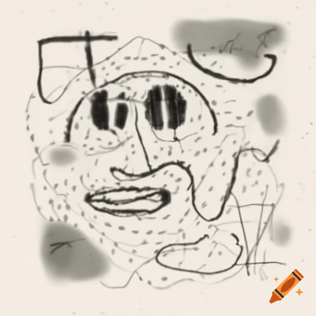 Abstract line drawing of a silly face with mixed media textures and ...